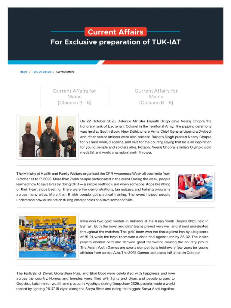 Current Affairs 3 To 5 TUK-IAT (International Aptitude Test) | PDF