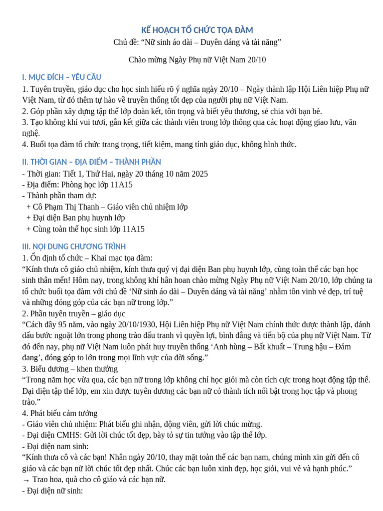 Ke Hoach Toa Dam 20-10 | PDF