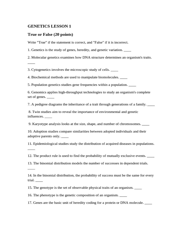 Genetics Lesson: True/False Quiz | PDF | Genotype | Genetics