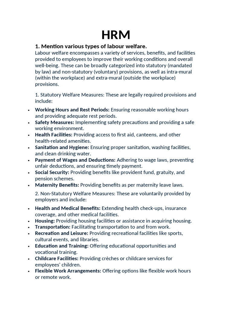 Mention Various Types of Labour Welfare | PDF | Human Resource ...