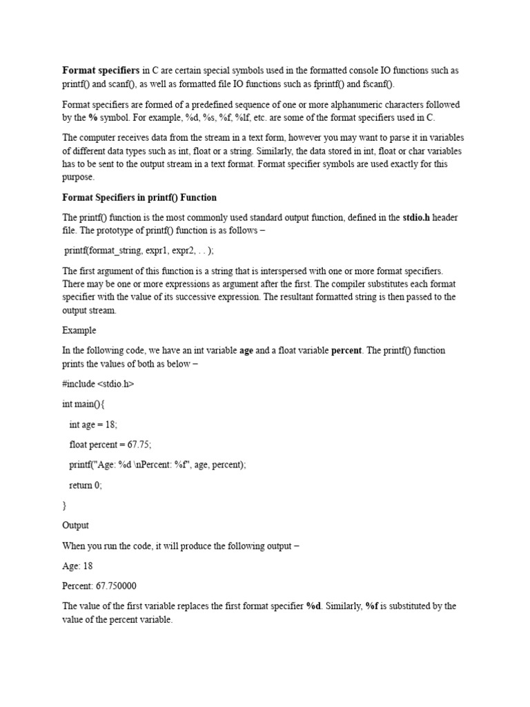 Format Specifier in C | PDF | Integer (Computer Science) | Computing