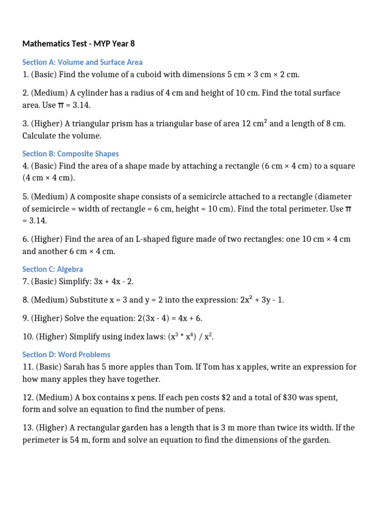 MYP Year 8 Math Test | PDF