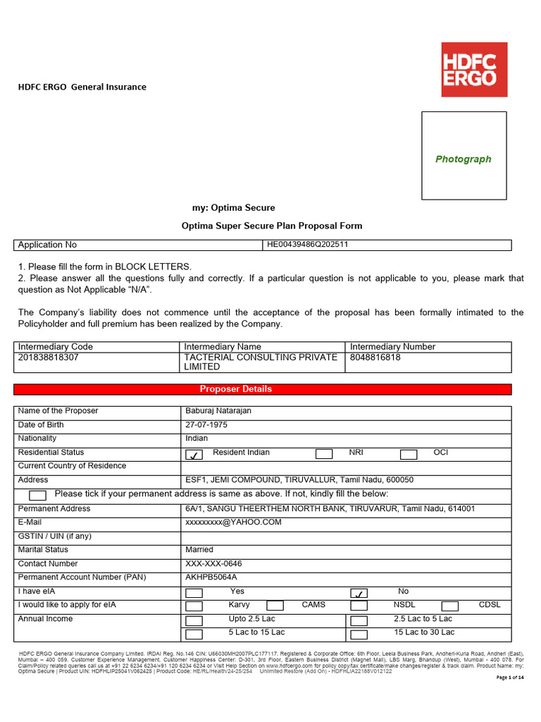 HDFC ERGO Optima Secure Proposal Form | PDF | Hypertension ...
