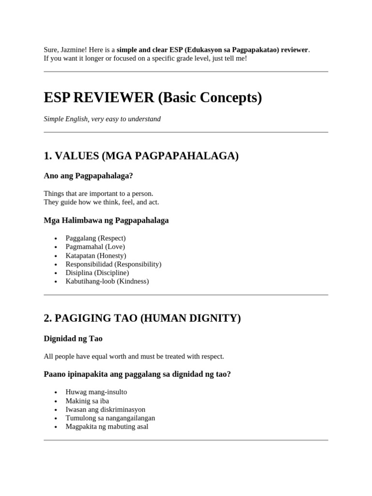 ESP REVIEWER (Basic Concepts) : 1. Values (Mga Pagpapahalaga) | PDF