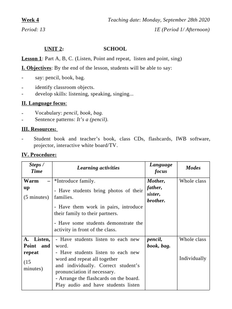 Lesson Plan Grade 1-Week 4 | PDF | Vocabulary | Cognition