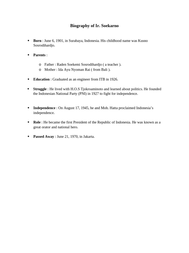 Biography of Ir. Soekarno: Indonesia's First President | PDF