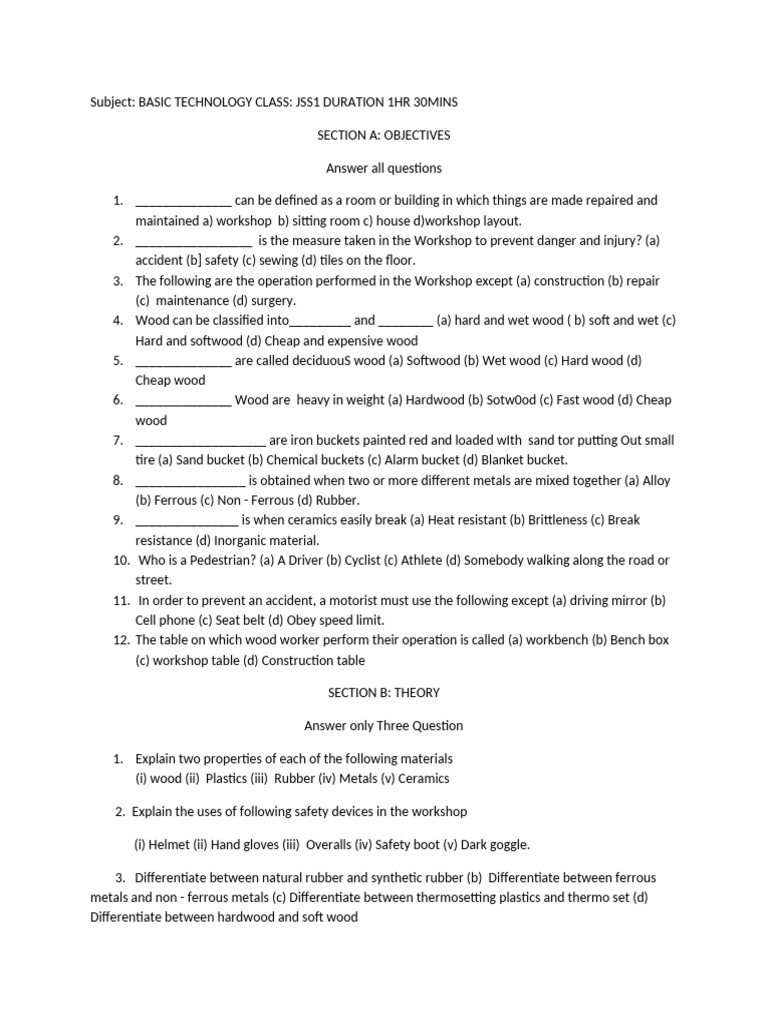 JSS1 Basic Technology Class Quiz | PDF | Wood | Metals