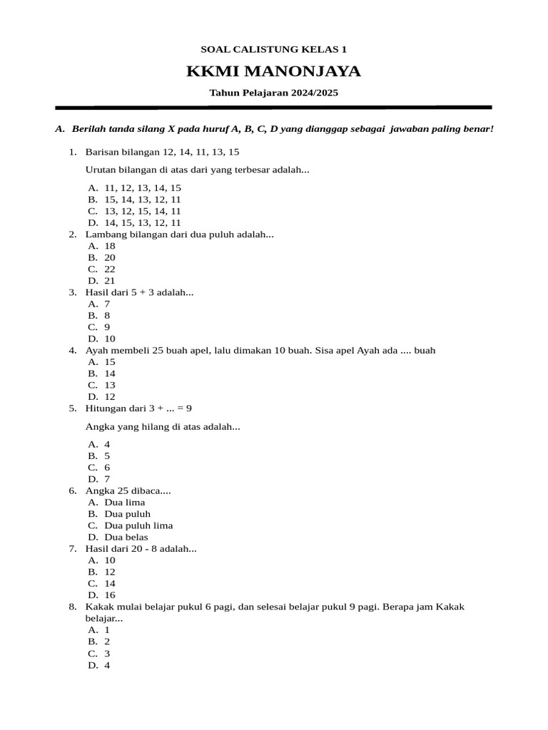 Soal Calistung Kelas 1 Tahun 2024/2025 | PDF