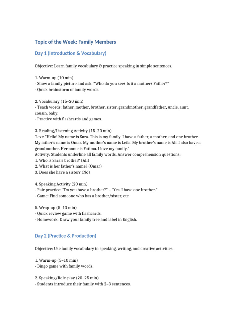 Family Vocabulary Learning Activities | PDF