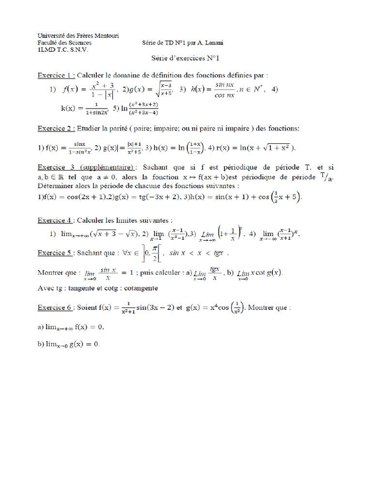 Série de TD N°01 MATHS (2) | PDF