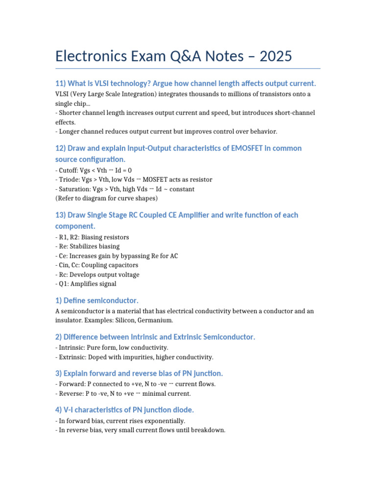 Electronics Exam QA Notes 2025 FULL | PDF | Mosfet | P–N Junction