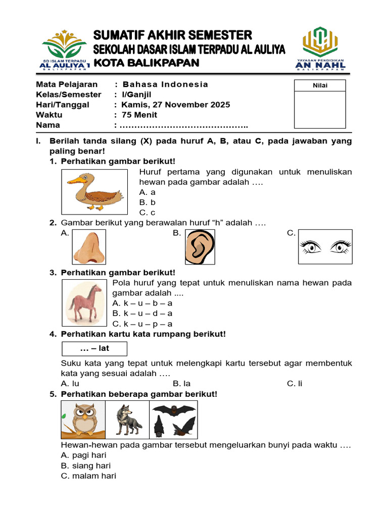 1.4 Soal Sas Bahasa Indonesia Kelas 1 Ta 2025-2026 | PDF