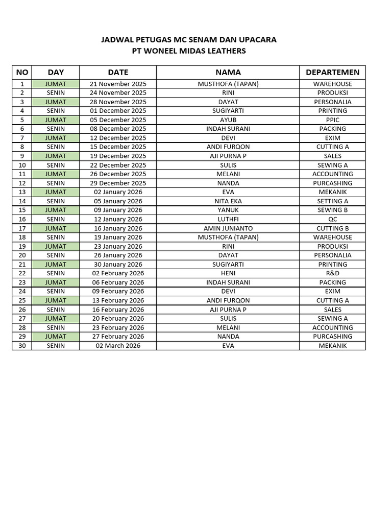 Jadwal MC & Instruktur Senam | PDF