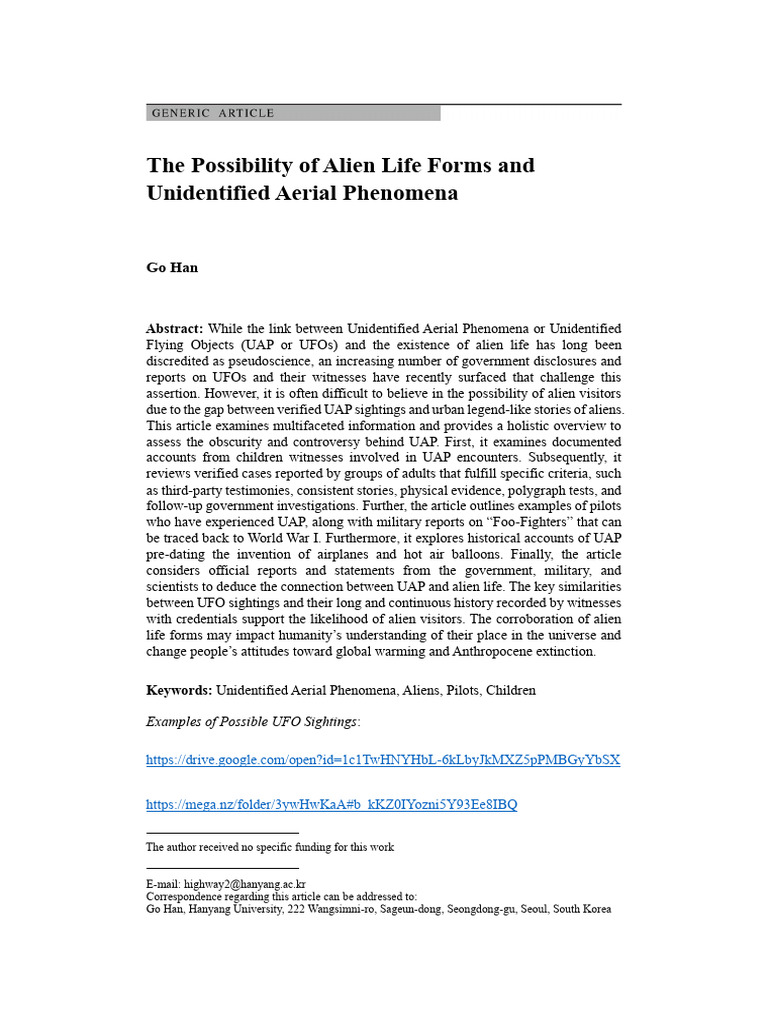 The Possibilityof Alien Life Formsand Unidentified Aerial Phenomena ...