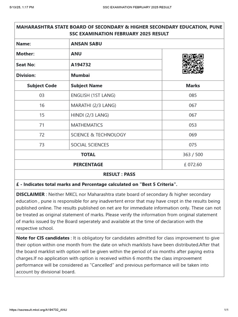 Maharashtra SSC Exam Result 2025 | PDF | Educational Stages | Schools