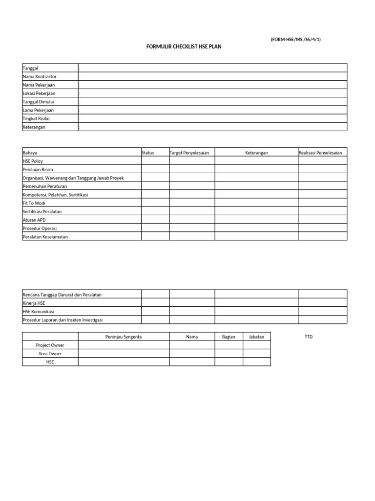 Form Checklist HSE Plan | PDF
