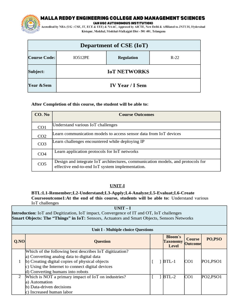 IOT NETWORKS - IOT - Question Bank | PDF | Internet Of Things | Wireless Sensor Network
