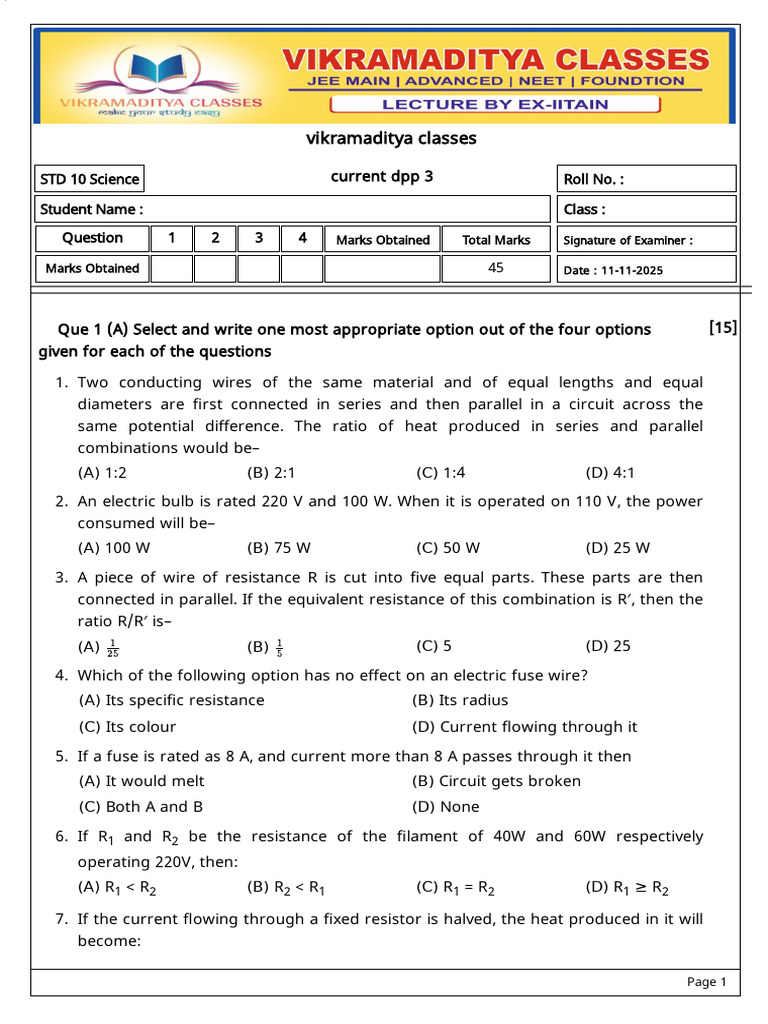 Current DPP 3 | PDF | Series And Parallel Circuits | Electrical Engineering