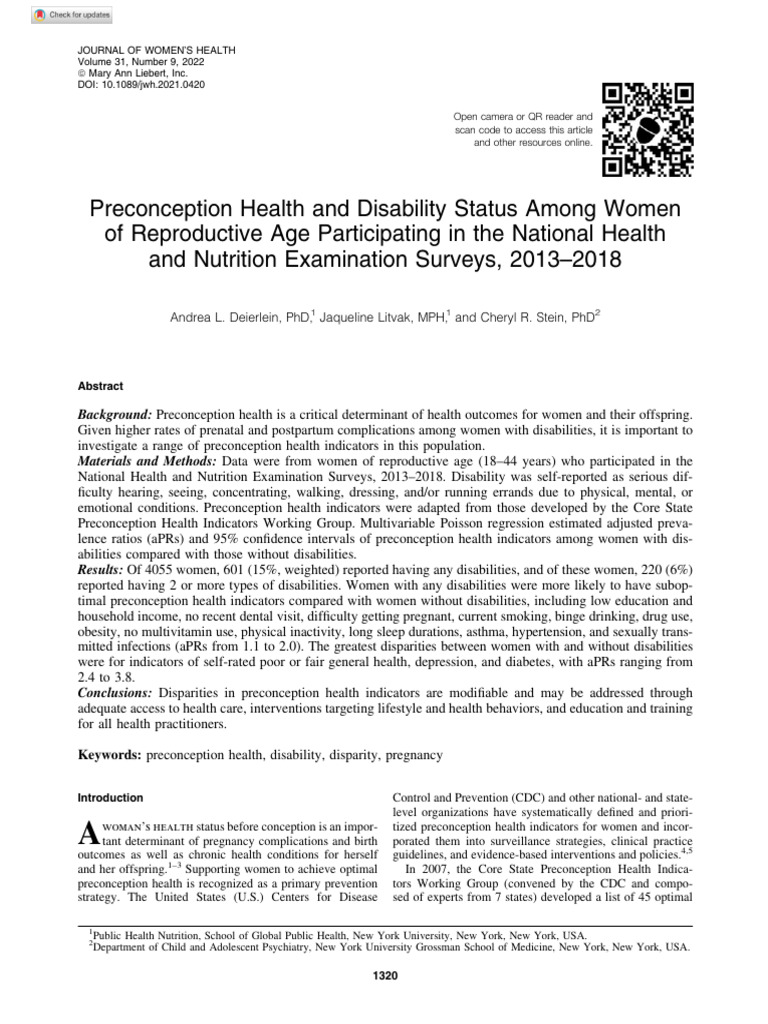 Deierlein Et Al 2022 Preconception Health and Disability Status Among ...