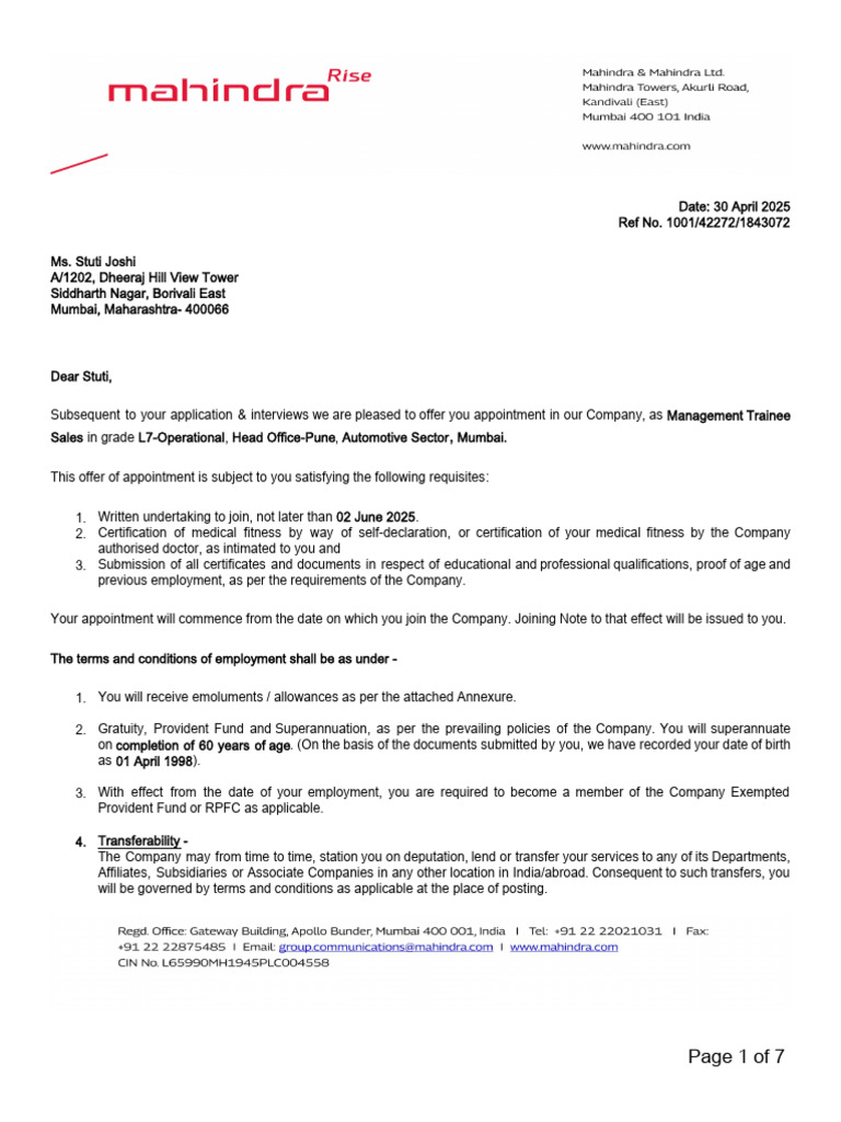 Management Trainee Job Offer Letter | PDF | Confidentiality | Employment
