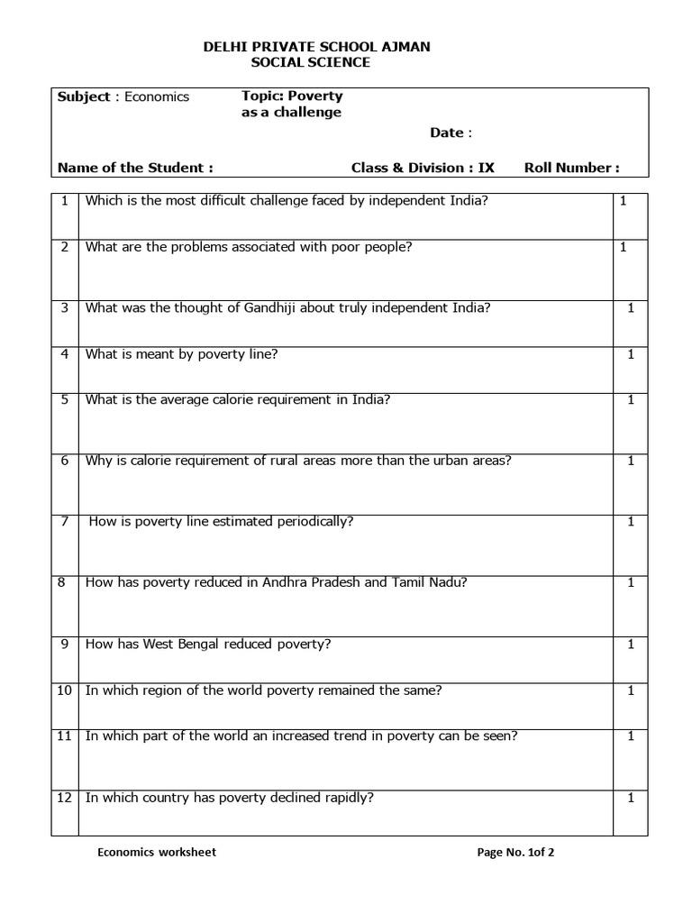 Economics Worksheet on Poverty Challenges | PDF | Poverty | Poverty ...