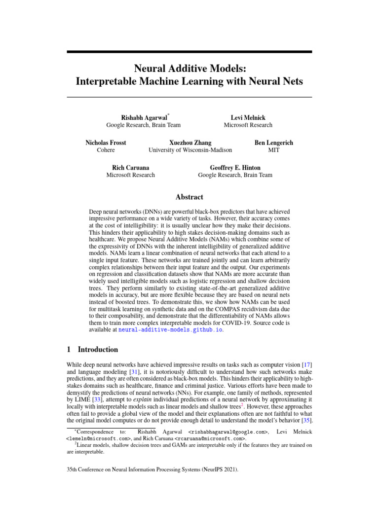NeurIPS 2021 Neural Additive Models Interpretable Machine Learning With Neural Nets Paper | PDF ...