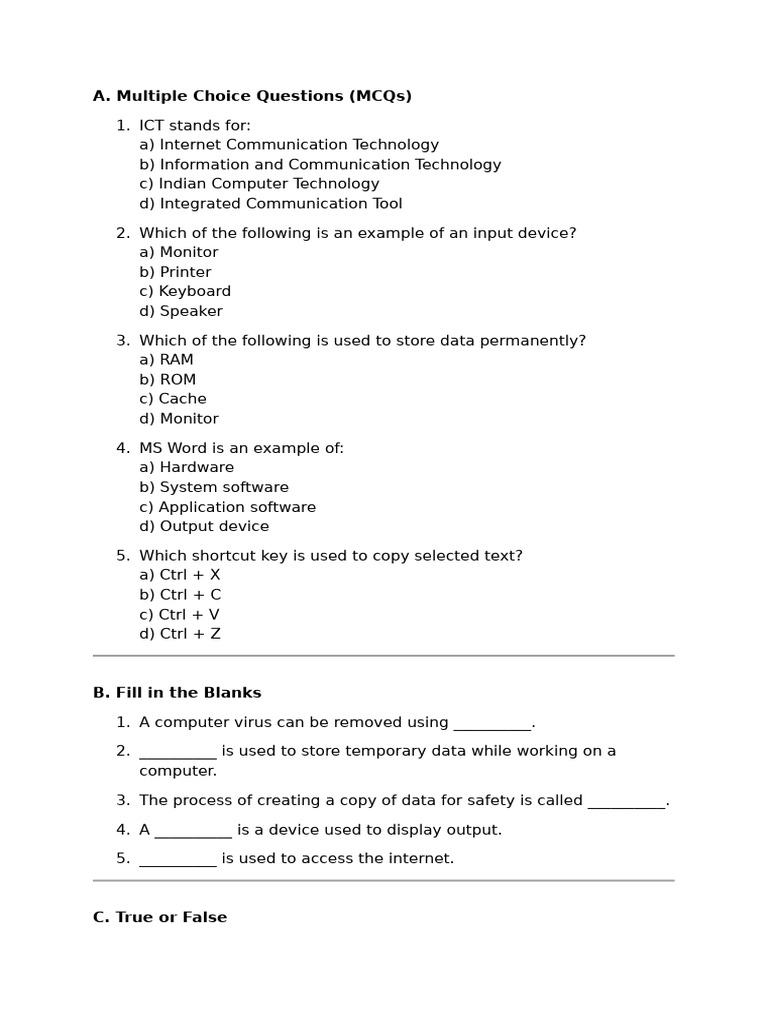 ICT and Computer Basics MCQs & Exercises | PDF