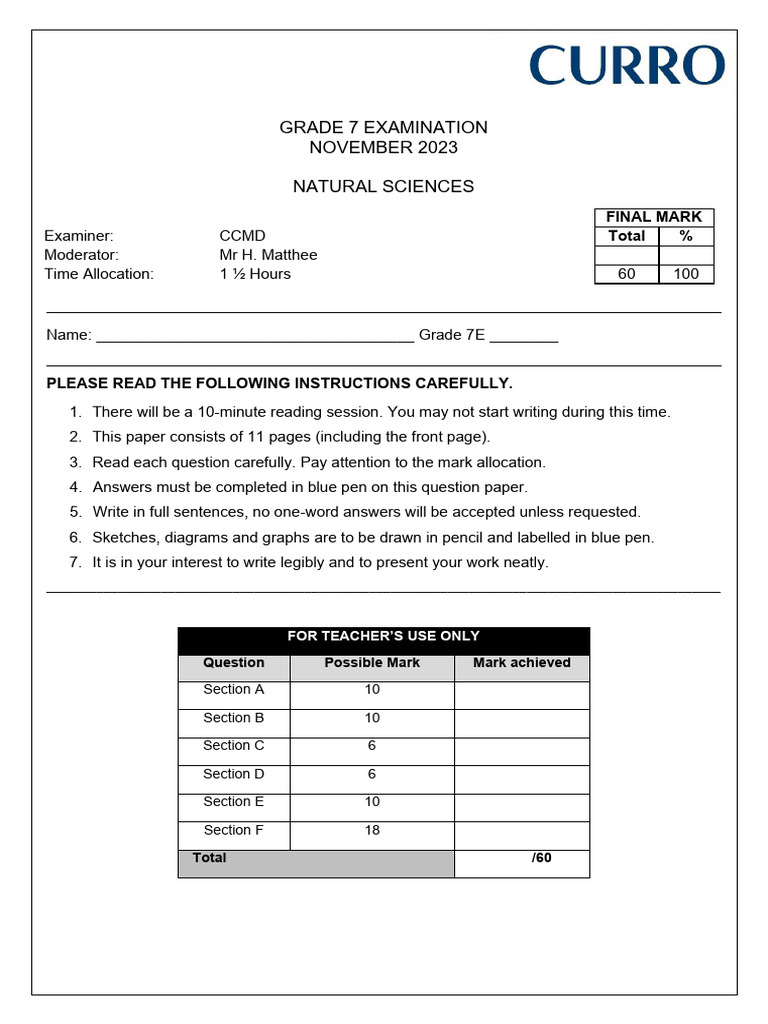 Grade 7 Natural Sciences Exam 2023 | PDF | Orbit | Potential Energy