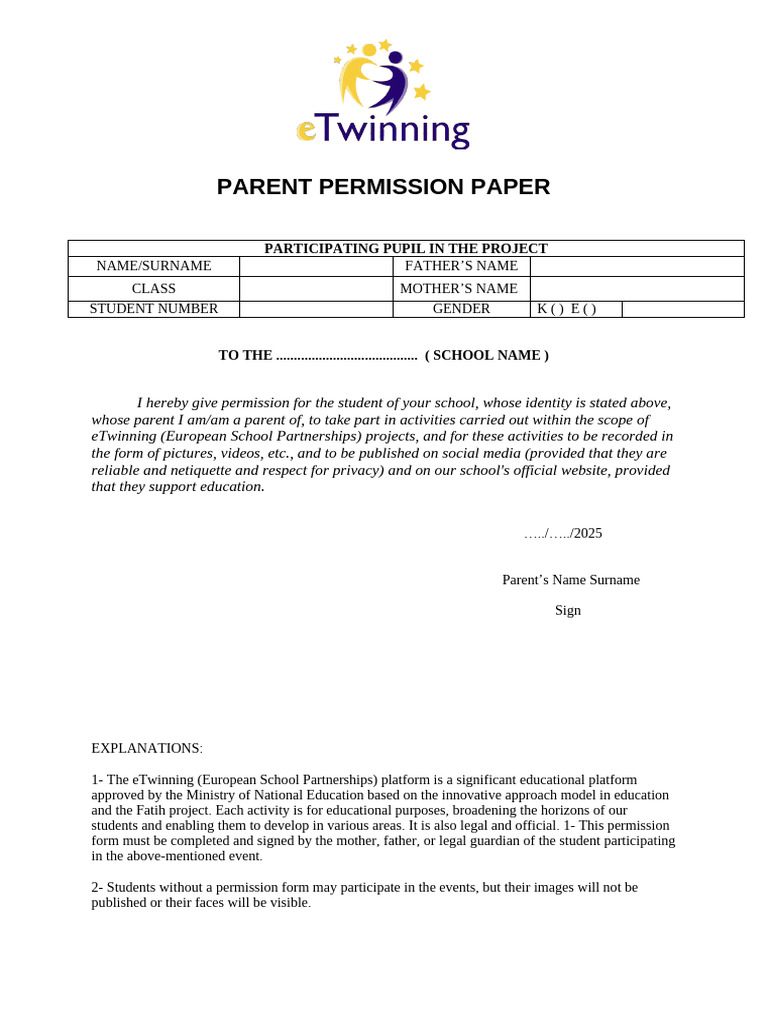 Parent Permission for eTwinning Project | PDF