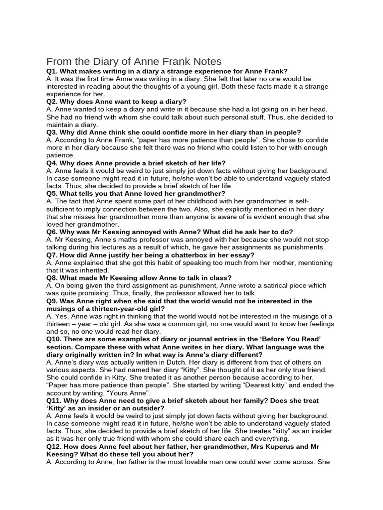 From The Diary of Anne Frank Notes | PDF | Anne Frank | Diary
