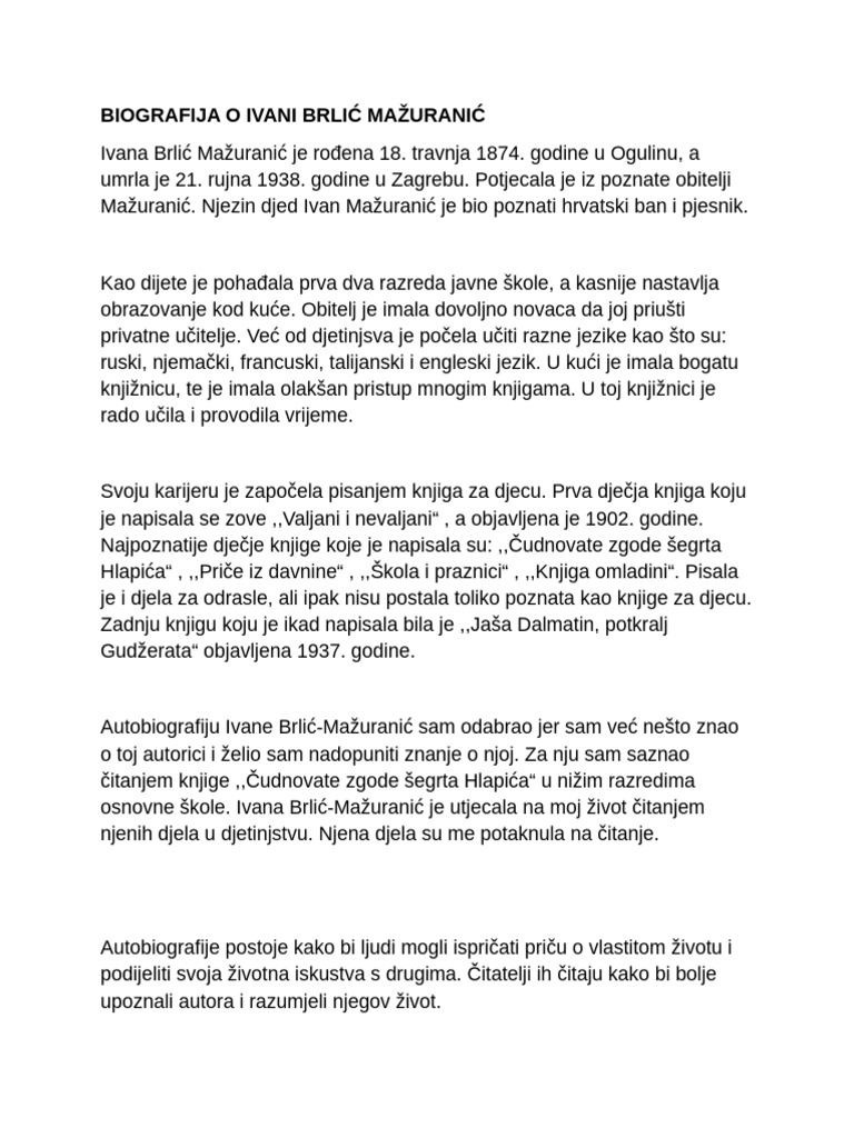 Biografija o Ivani Brlić Mažuranić | PDF
