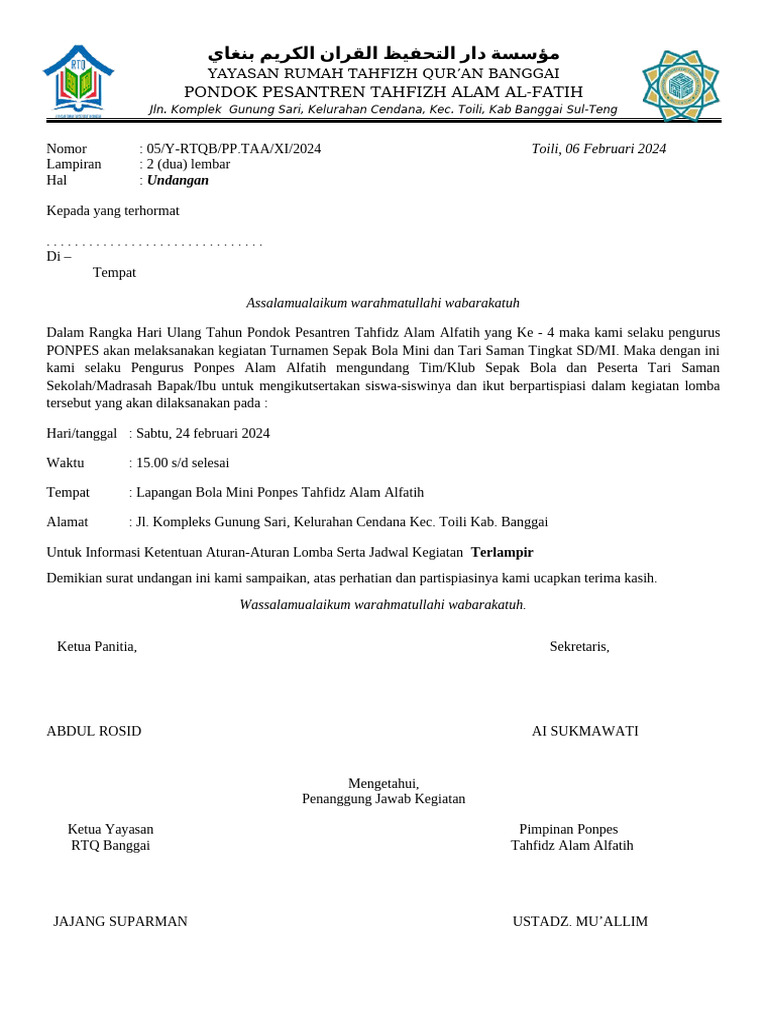 Surat Undangan Turnamen Bola Futsal Dan Tari Saman Di Ponpes Alfatih | PDF