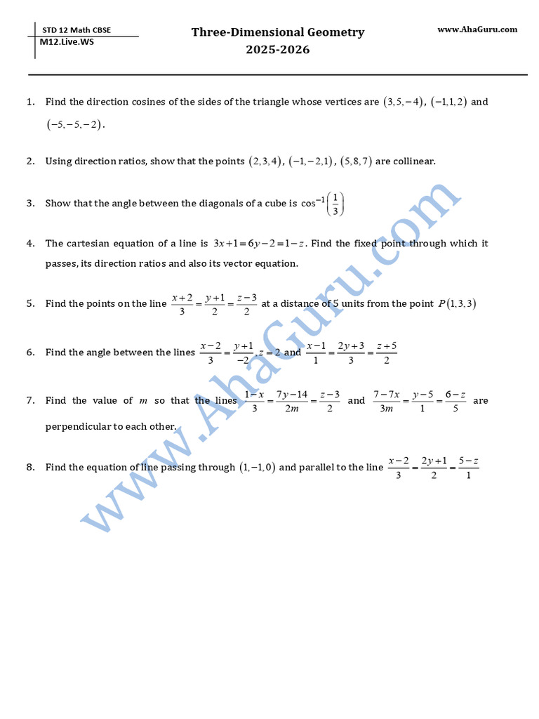 STD 12 Math: 3D Geometry Problems | PDF