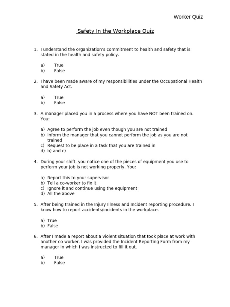 Safety in The Workplace Quiz | PDF | Occupational Safety And Health