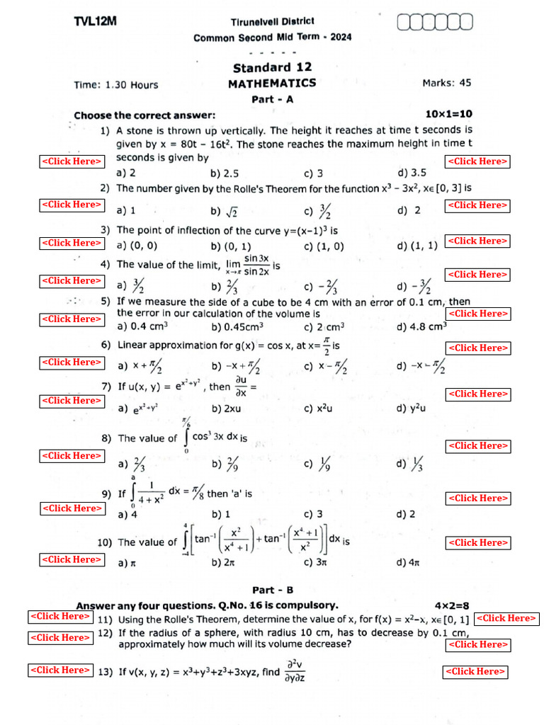 II Mid Term 2024 Maths Class 12 With Link | PDF