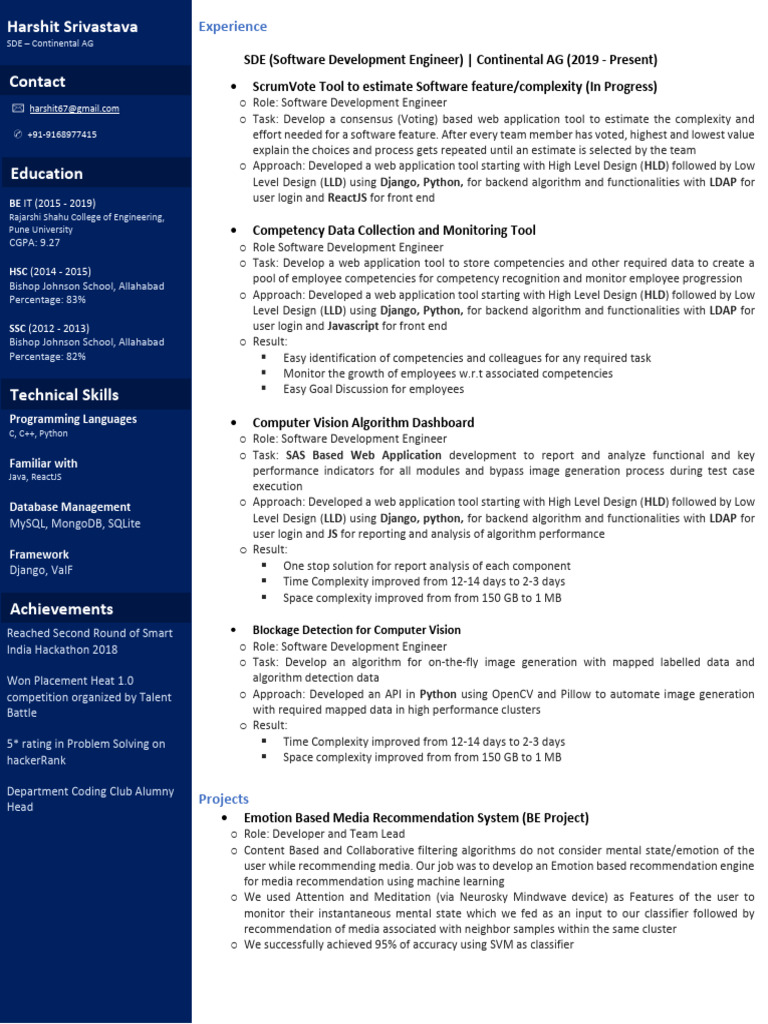 Resume Harshit Srivastava SD | PDF | Software Development | Computer Vision