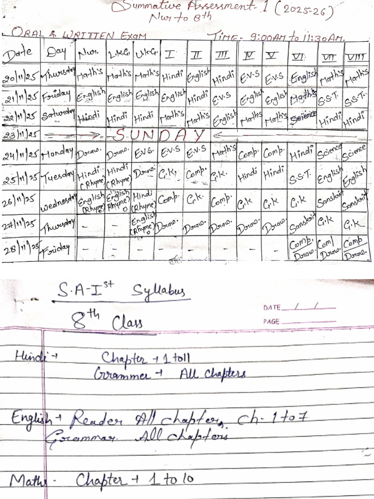 8th Class Date Sheet & Syllabus | PDF