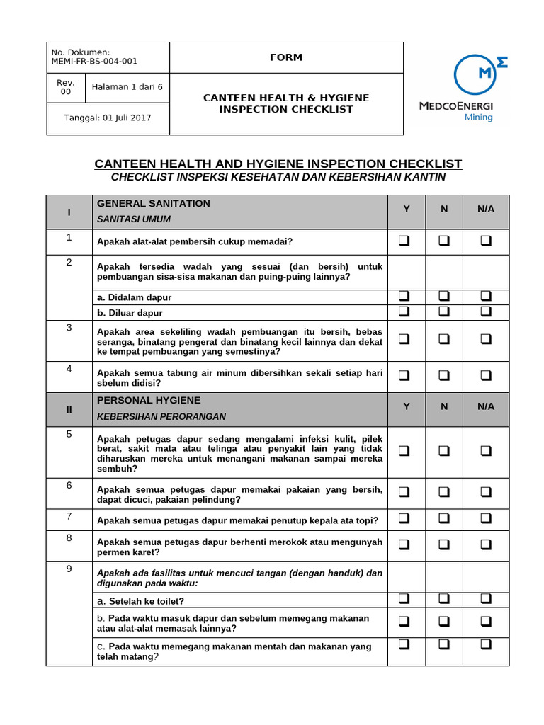 MEMI-FR-BS-004-001 Canteen Inspection Checklist Rev 01 | PDF