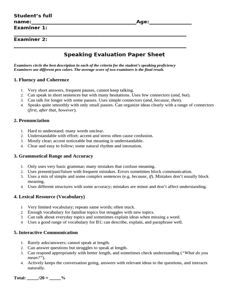 Speaking Evaluation Paper Sheet | PDF