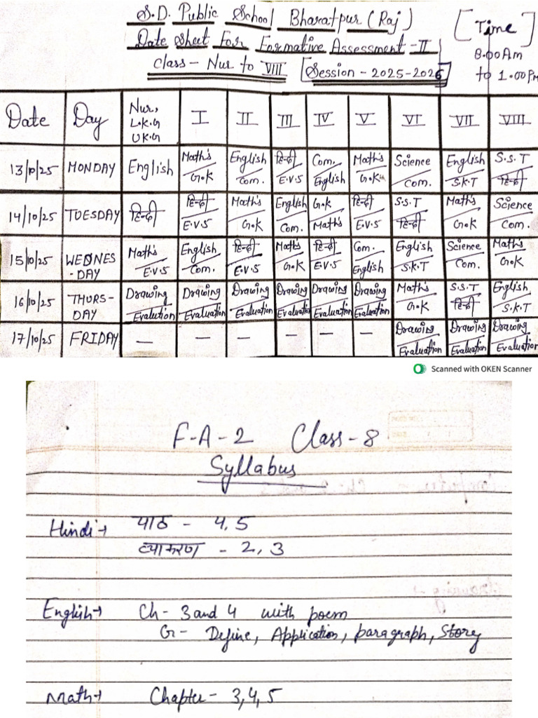 8th Class Date Sheet | PDF