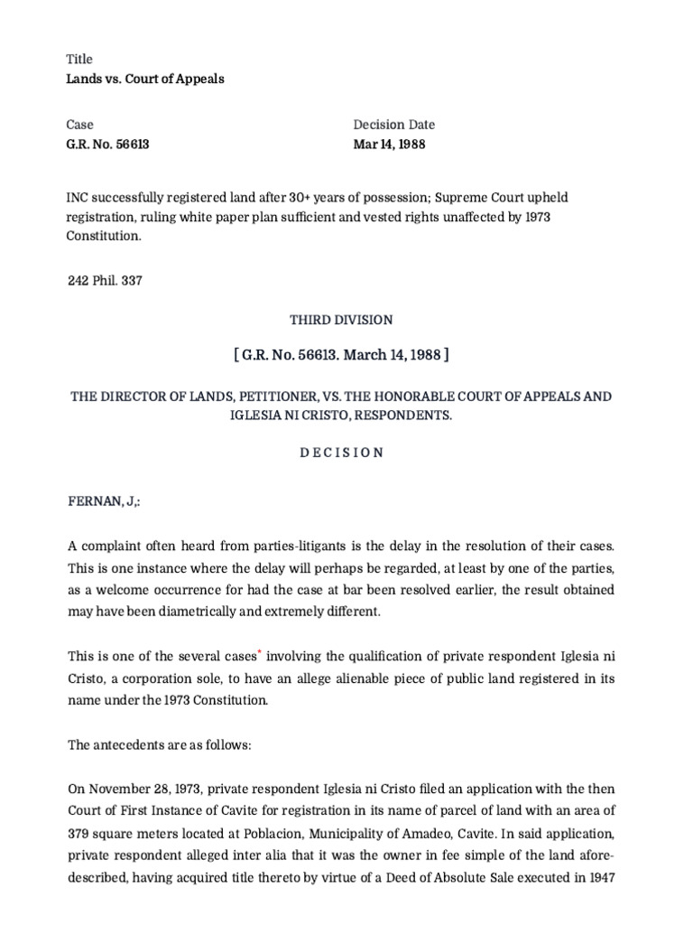 G.R. No. 56613 - Lands vs. Court of Appeals | PDF | Adverse Possession ...