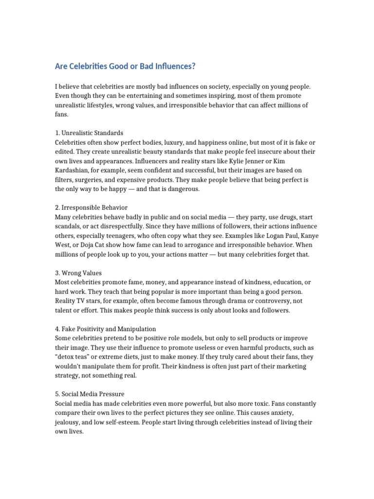 Are Celebrities Good or Bad Influences | PDF | Psychology | Social ...