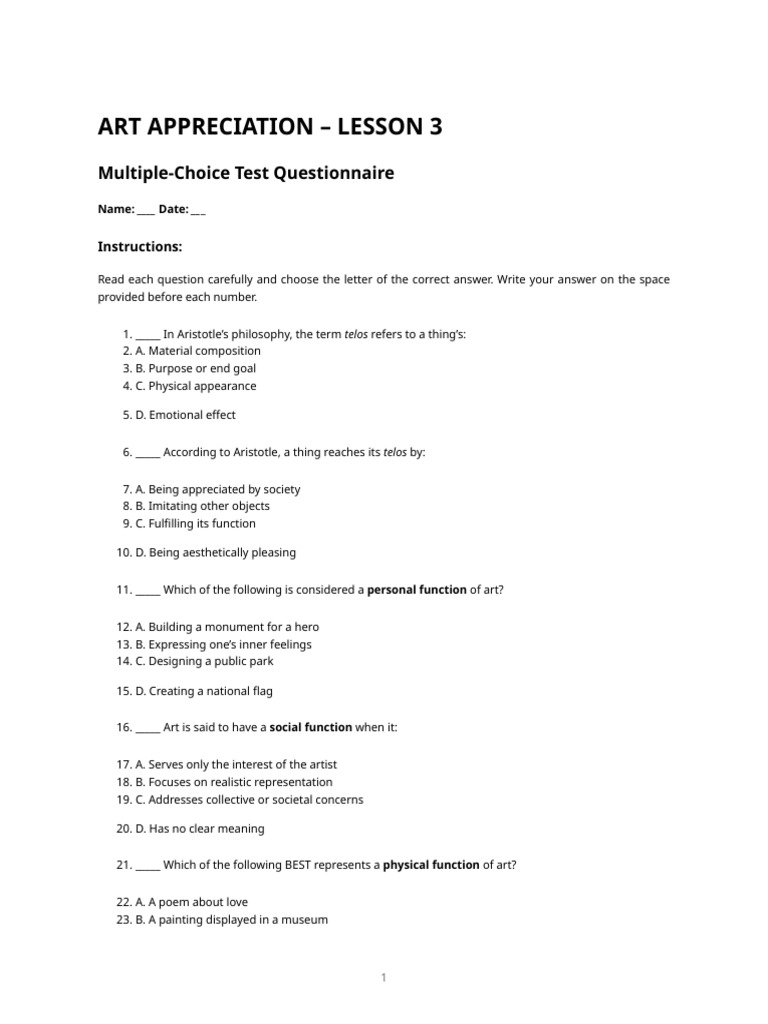 Lesson3 Art Quiz | PDF | Beauty | Immanuel Kant