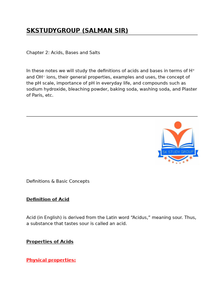 Acids, Bases, and Salts Overview | PDF | Acid | Ph