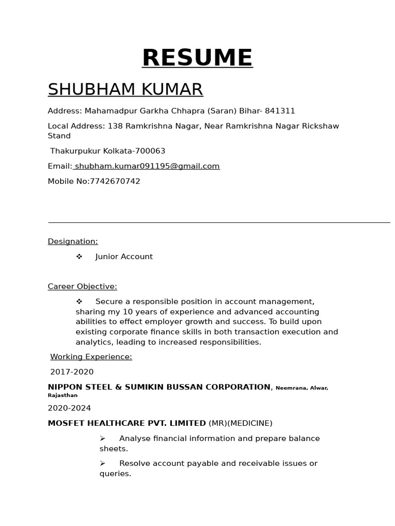 Junior Accountant Resume of Shubham Kumar | PDF