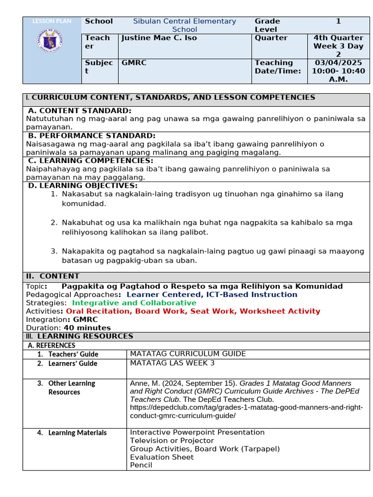 Lesson Plan Gmrc Week 3 Day 2 | PDF