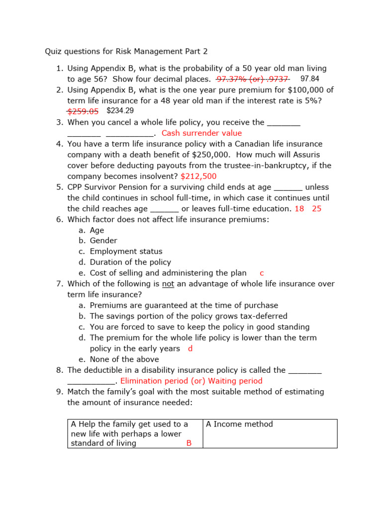 Risk Management Quiz Questions Part 2 | PDF | Life Insurance | Insurance