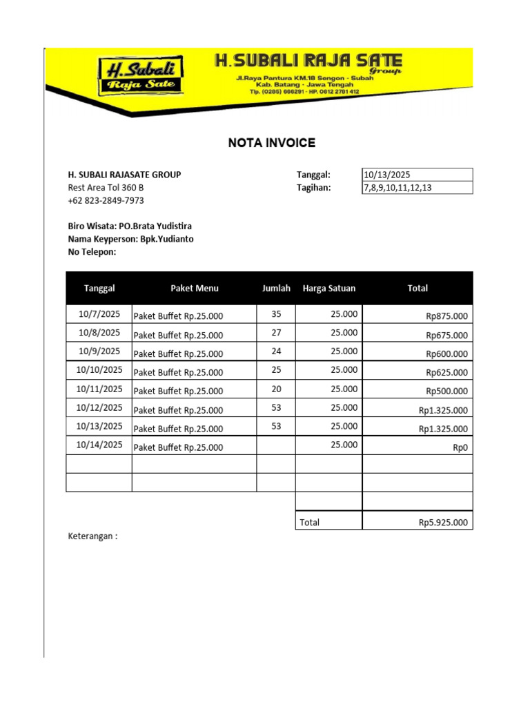 Nota Invoice Brata Yudistira Tanggal 29-6 Oktober 2025 | PDF