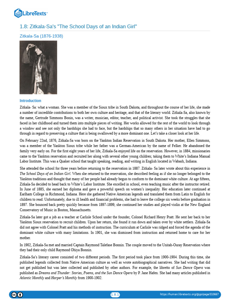1.08 Zitkala-Sa's The School Days of An Indian Girl | PDF