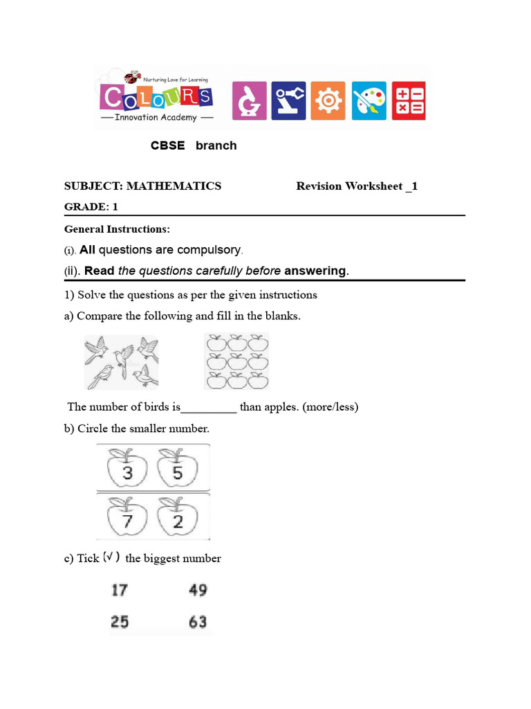 Grade 1 Math Revision Worksheet | PDF | Mathematics